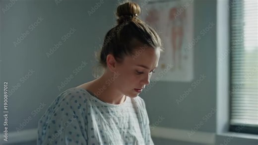 Rear view of a female patient sitting on a medical table in a hospital gown. Woman showing her bare back for a doctor examination in a clinic. Spine health or dermatology checkup concept