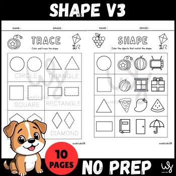 NO PREP 2D Shapes Review & Practice Worksheets (10 Pages) | Kindergarten Math Ce