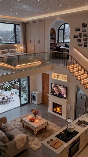 Step Inside This Snowy Loft – Fireplace, Mezzanine & Dream Bedroom #apartmenttour #luxury #aesthetic
