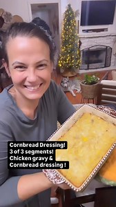 My mama’s southern cornbread dressing! This is Part 3: Chicken Gravy & Assembling the Cornbread Dressing!Chicken Gravy Ingredients:- 6 to 8 cups chicken broth- ½ cup flour (separated into ¼ cup)- 1 whole cooked chicken, shredded- 2 cups cooked celery and onion (from previous videosteps)- Remaining juices from cooking the chickenChicken Gravy Instructions:In a large saucepan, combine any leftover chicken broth with the cooked celery and onion. Add the juices from the pot used to strain the chicke