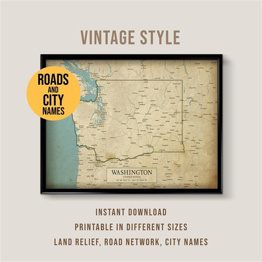 Vintage Washington State Map Poster, Printable WA Road Map With City Names (instant Download) - Etsy UK