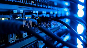 Network cables plugged into server with blinking lights, data center connectivity closeup