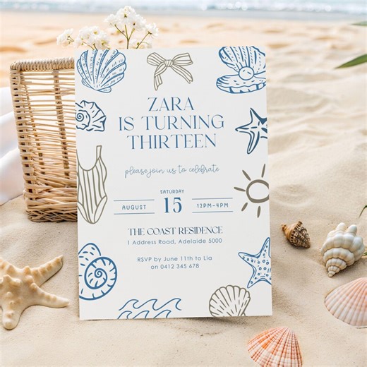 Blue Seashells Birthday Invitation: Editable Coastal Bow 13th Birthday Party Invite Template (5x7in Canva Download) - Etsy