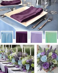 Light Blue & Purple Wedding Table Inspiration. Baby Blue Satin Aubergine Shantung Lavender Lamour Chartreuse Crushed Shimmer Connie Duglin Linen Rental, nationwide delivery. Turning dreams into unforgettable experiences | Connie Duglin Linen Rental | Facebook