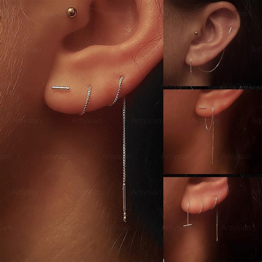 Thread Earrings, Pull Through Earring, Double Piercing Earring Chain, Ear Thread, Bar Threader Earring, Ear Chain Two Hole Piercing Multiple - Etsy