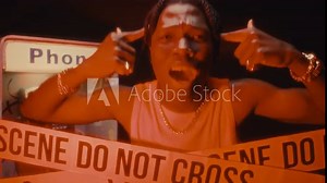 Black rapper giving fierce performance with intense gestures to camera, standing behind yellow caution tape at crime scene with flashing police lights