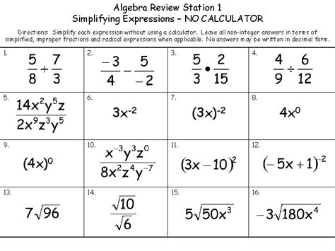 algebra review station 1 simplifying expressions no calculator