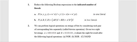 solved 1 reduce the following boolean expressions to the