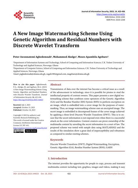 pdf a new image watermarking scheme using genetic algorithm and residual numbers with discrete