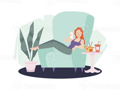 Redhead Girl Sit In An Armchair Using Her Phone For Surfing Online And Eating Chinese Takeout