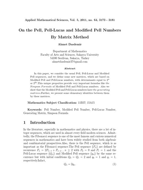 on the pell pell lucas and modified pell numbers by matrix method pdf matrix mathematics