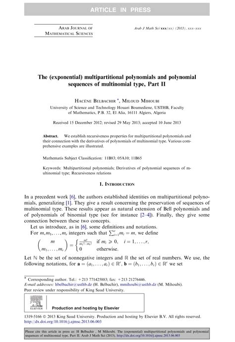 pdf the exponential multipartitional polynomials and polynomial sequences of multinomial