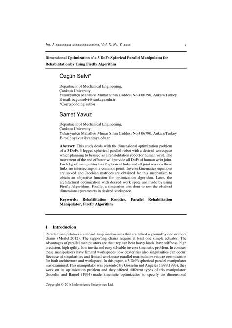 pdf dimensional optimisation of a 3 dof spherical parallel manipulator for rehabilitation by