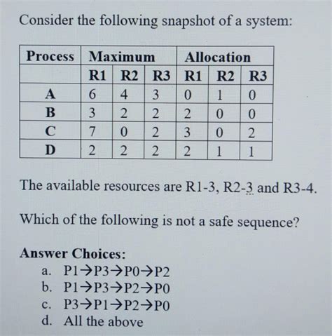 consider the following snapshot of a system process maximum a b allocation r1 r2 r3 r1 r2 r3 c