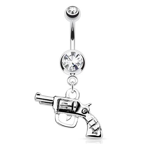 Surgical Steel Clear Gem Revolver Gun Dangling Belly Button Navel Ring Pierced Universe
