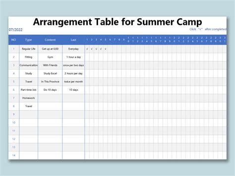 Excel Of Arrangement Table For Summer Camp Xlsx Wps Free Templates