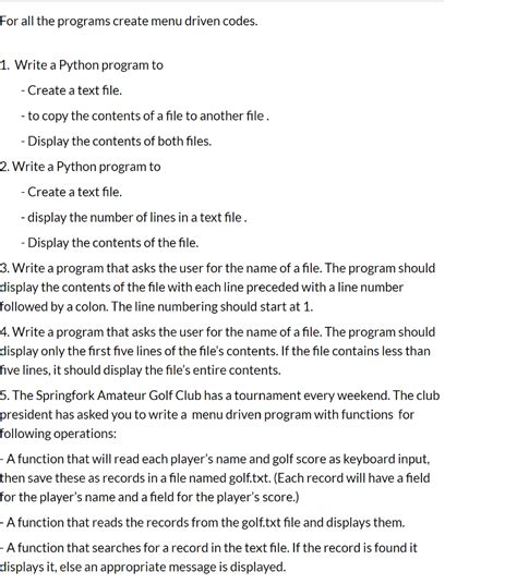 solved for all the programs create menu driven codes 1