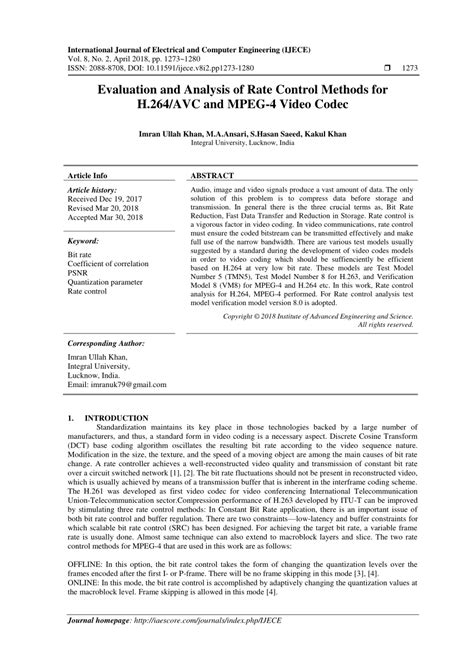 pdf evaluation and analysis of rate control methods for h 264 avc and mpeg 4 video codec