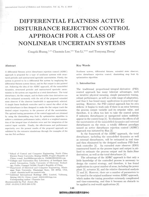 pdf differential flatness active disturbance rejection control approach for a class of