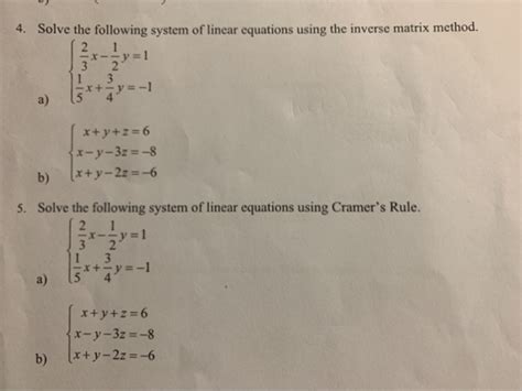 4 solve the following system of linear equations using the inverse matrix method 1 y