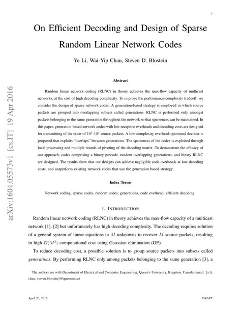 pdf on efficient decoding and design of sparse random linear network codes