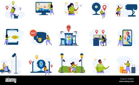 City Video Monitoring Flat Recolor Set With Isolated Characters Of