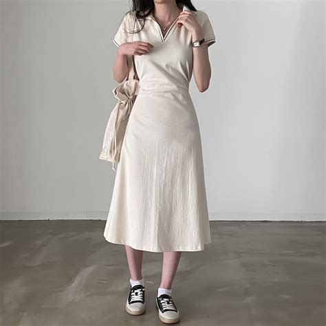 韩国chic夏季法式复古POLO领撞色镶边收腰显瘦短袖A字型连衣裙女 淘宝网