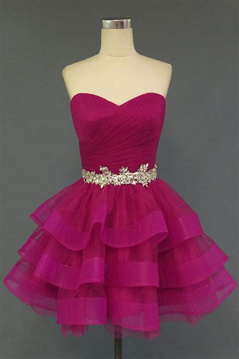 Hot Pink Organza Sweetheart Neckline Short Prom Dress Homecoming Dressesbeadings Belt Tiered