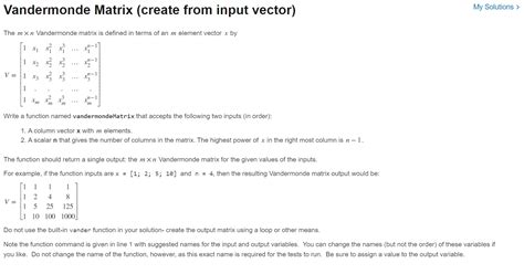 solved vandermonde matrix create from input vector my