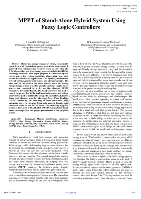 pdf ijert mppt of stand alone hybrid system using fuzzy logic controllers ijert journal