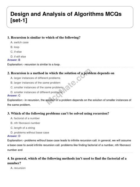 design and analysis of algorithms solved mcqs set 1 pdf pdf mathematics discrete mathematics