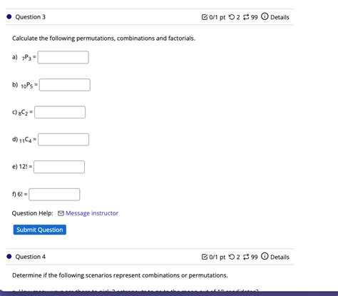 solved calculate the following permutations combinations