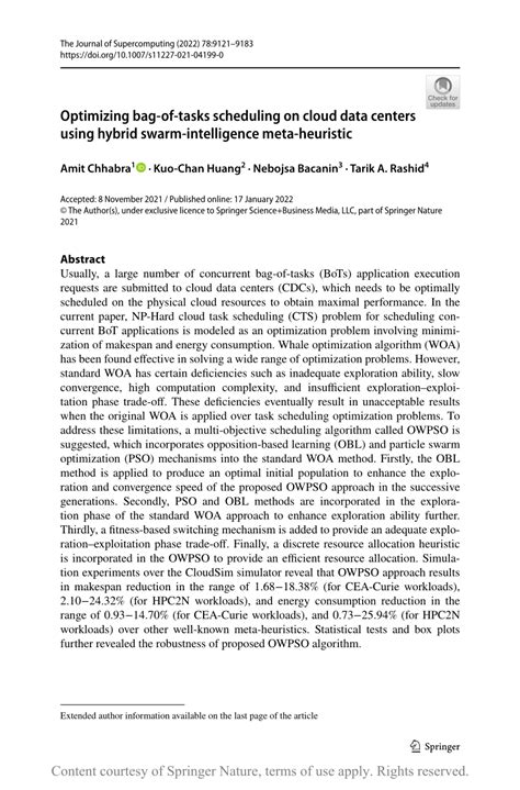 optimizing bag of tasks scheduling on cloud data centers using hybrid swarm intelligence meta