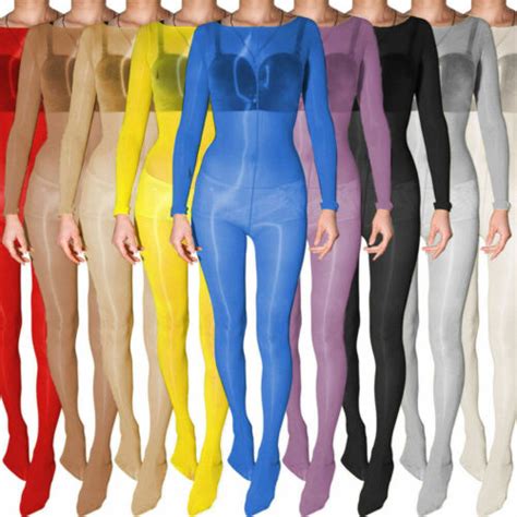 8d Ultra Shiny Bodystocking Long Sleeve Catsuit Sheer Nylon Jumpsuits Plus Size Ebay