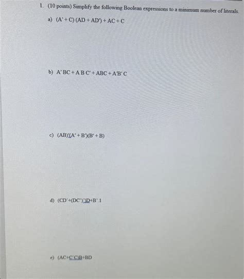 solved 1 10 points simplify the following boolean