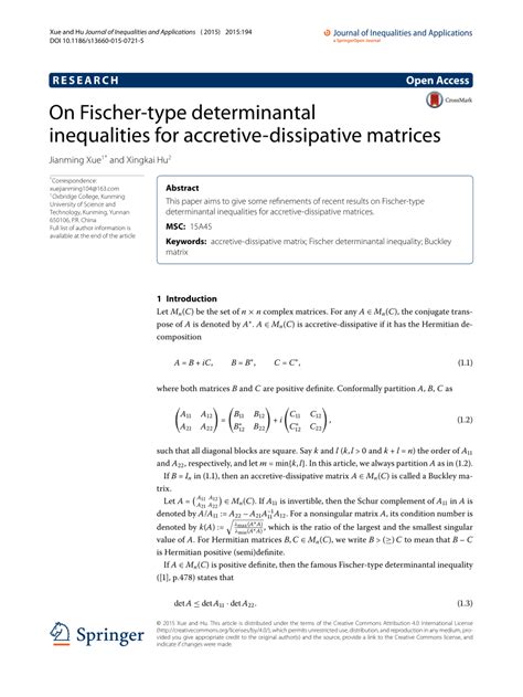 pdf on fischer type determinantal inequalities for accretive dissipative matrices