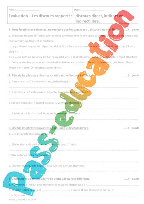 Discours direct indirect et indirect libre 3ème Evaluation avec le