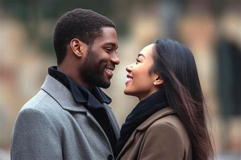 Premium Ai Image Interracial Couple Chat And Smile Facing Each Other On An Autumn Day In The