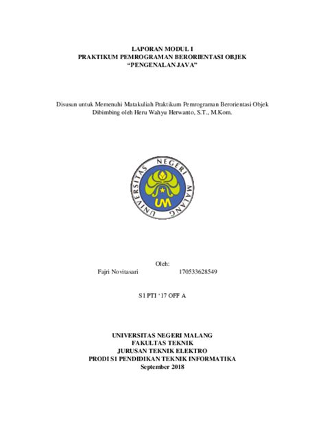pdf laporan pemrograman berorientasi objek 1 pengenalan java fajri novita