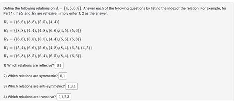 solved define the following relations on a {4 5 6 8} answer
