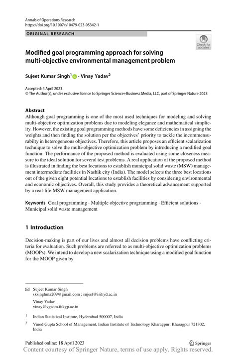 modified goal programming approach for solving multi objective environmental management problem