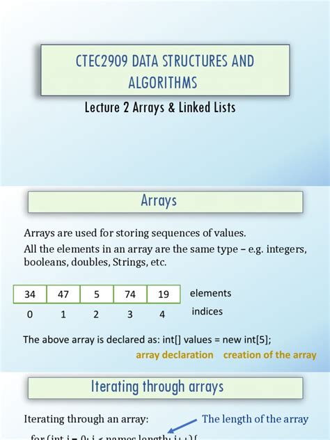 ctec2909 data structures and algorithms lecture 2 arrays and linked lists pdf array data