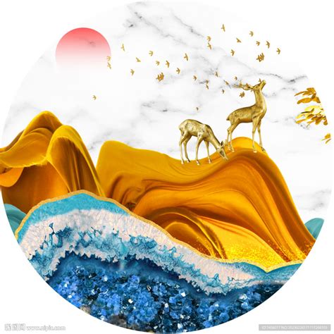 水彩山峦麋鹿圆形挂画装饰画设计图 PSD分层素材 PSD分层素材 设计图库 昵图网