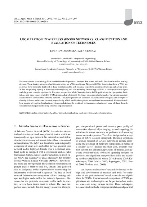 pdf localization in wireless sensor networks classification and evaluation of techniques