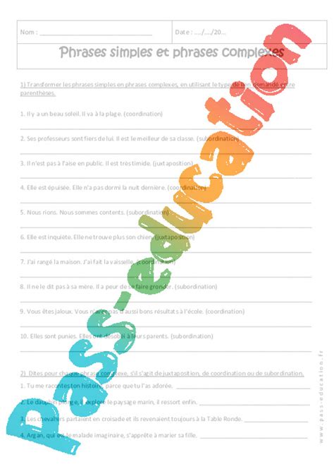 Phrase complexe et simple 4ème Exercices avec correction PDF à