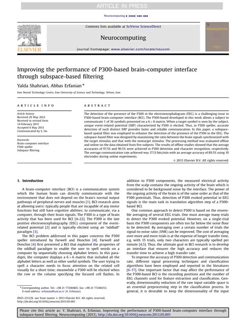 pdf improving the performance of p300 based brain computer interface through subspace based