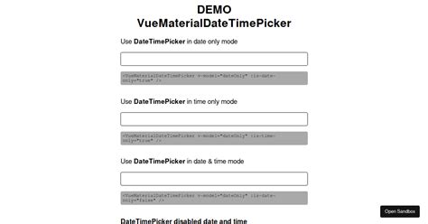 Vue MaterialDateTimePicker Demo Forked Codesandbox