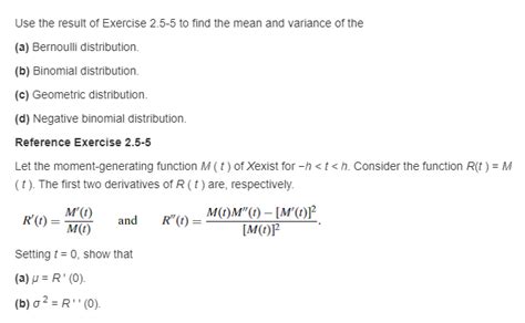 solved use the result of exercise 2 5 5 to find the mean and