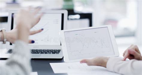 Hands Tablet Graph And Business People On Laptop Brainstorming Or