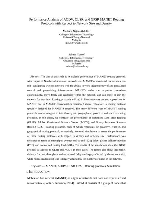 pdf performance analysis of aodv olsr and gpsr manet routing protocols with respect to